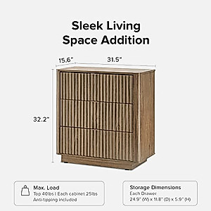 mopio Brooklyn Mid-Century Modern Dresser/Credenza, Waveform Panel with Sleek Curved Profile with Aluminum Handle 3-Drawers for Bedroom/Living Room, Sturdy Anti-Tipping Base (Natural Walnut, Dresser)