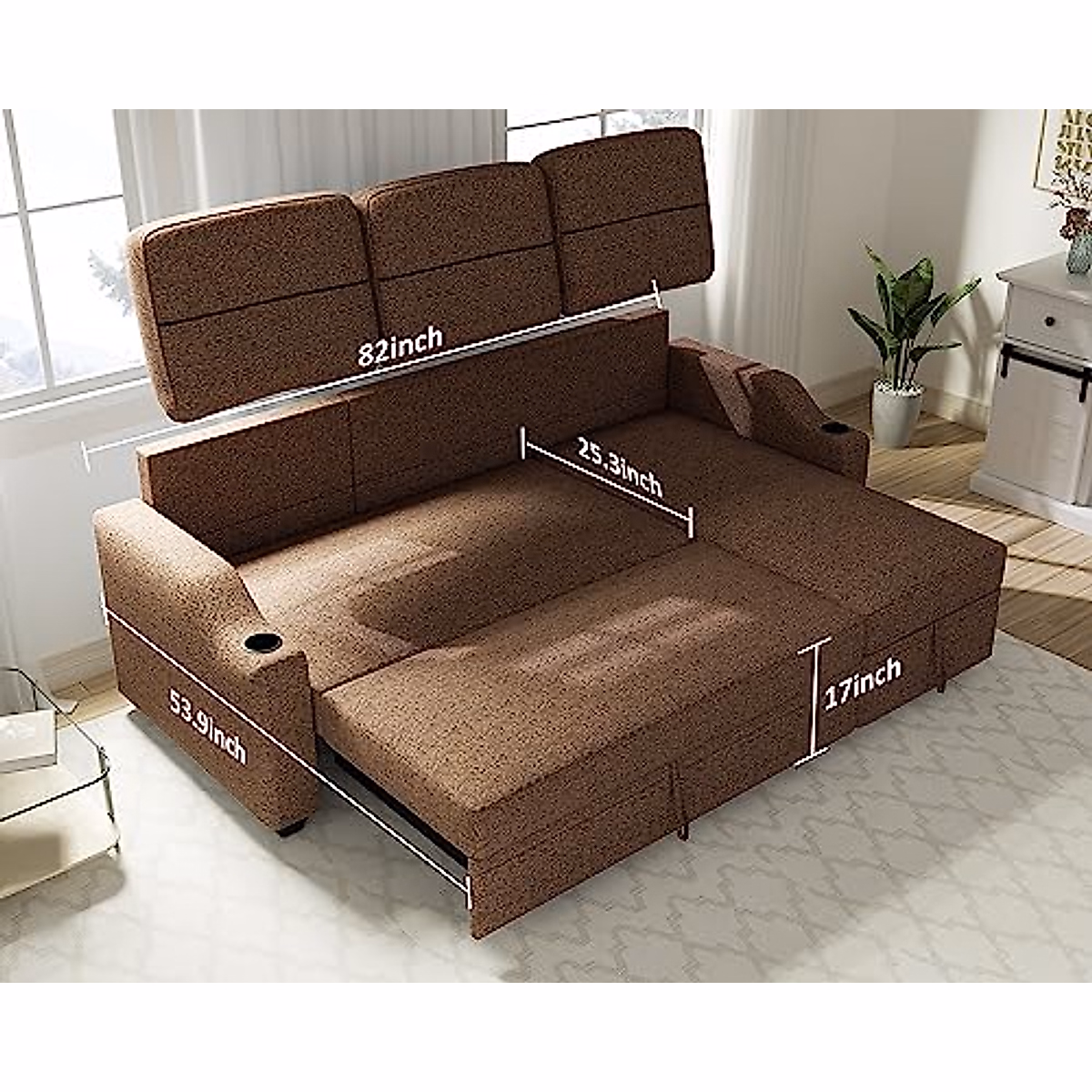 Ucloveria Reversible Sectional Sofa Couch, 82" Sleeper Sofa Bed with Storage Chaise Pull Out Couch Bed for Living Room L-Shape Lounge 2 in 1 Sectional Couch with Cup Holder, Yellow Brown