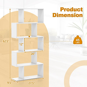 Tangkula 5-Tier Geometric Bookshelf, S Shaped Bookcase w/Anti-Toppling Device, Freestanding Room Divider, Industrial Home Office Decor Wood Open Storage Display Shelf for Living Room (1, White)