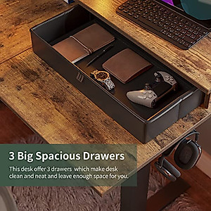 FEZIBO Triple Motor L-Shaped Electric Standing Desk with 3 Drawers, Stand up Desk, Height Adjustable Desk with 3 Drawer Lateral File Cabinet, 63 x 24 Inches Rustic Brown Top/Black Frame (2 Packages)