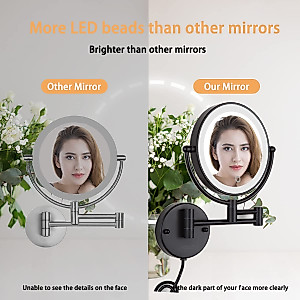 Wall Mounted Lighted Makeup Vanity Mirror 8 Inch Double Sided 1X 10X Magnifying Bathroom Mirror, Touch Screen Dimming, Extended Arm 360 Rotation Shaving Light up Mirror, Black