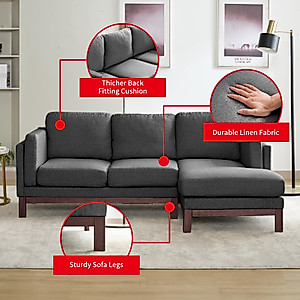 PUREMIND 84 Inches L Shaped Sectional Sofa, Convertible Sectional Couch with Reversible Chaise, Linen 3-Seat Couches with Thick Cushion for Living Room Dark Grey