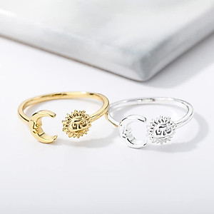 DOCCESTU Ring for Women Gold Plating Stainless Steel Moon Adjustable Wrap Open Rings Sun and Moon Ring Silver Crescent Moon Sun Rings for Women Teens Lovers Jewelry Gifts
