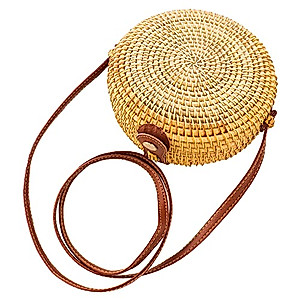 WYBG Handwoven Boho Rattan Bag with Leather Strap Round Circle Woven Wicker Chic Women Handbag Handmade Bali Ata Shoulder Bag Weave Crossbody Bag Wicker Straw Purse for Women Girls