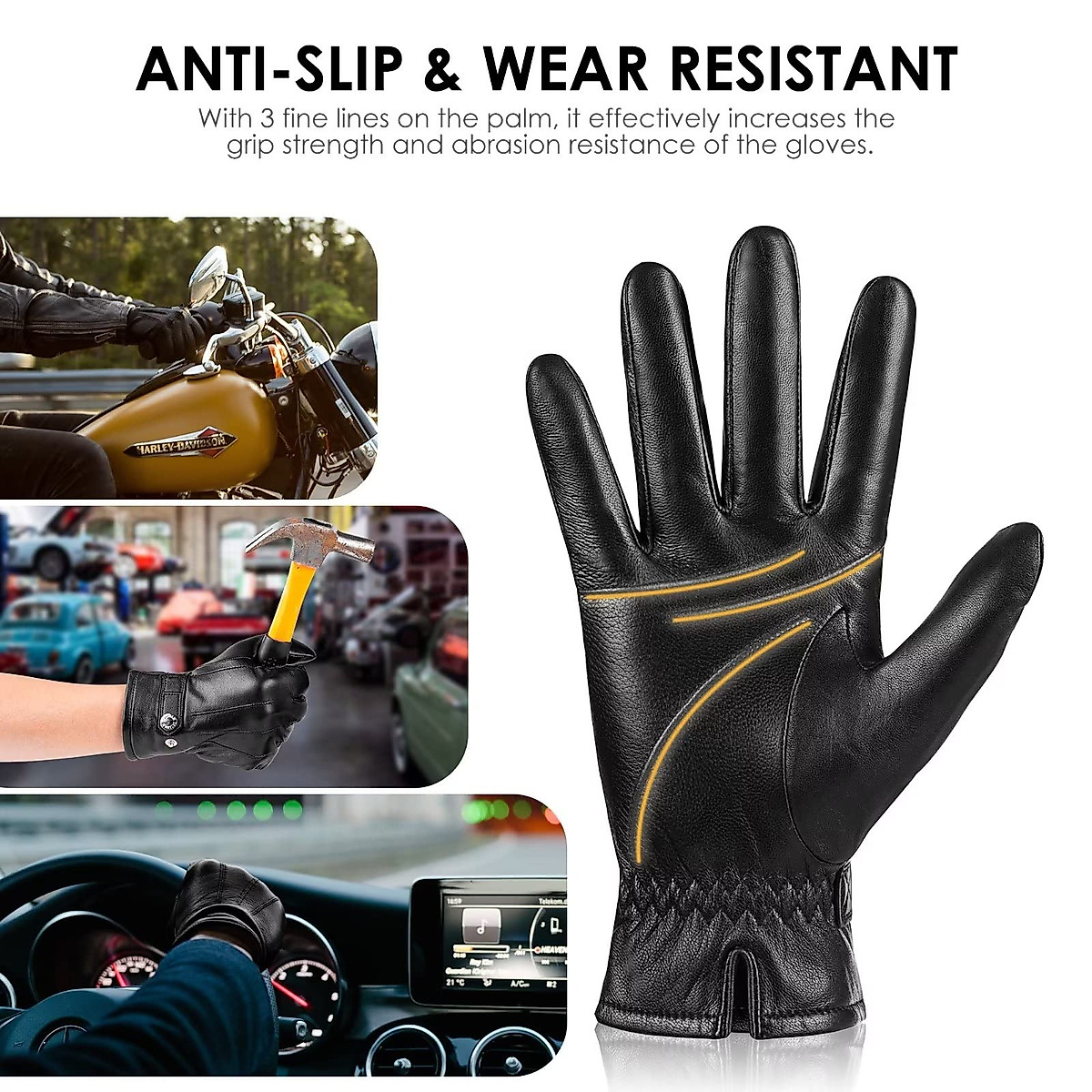 MAGILINK Genuine Sheepskin Leather Gloves for Men, Winter Warm Touchscreen Gloves Thinsulate Lined, Driving Motorcycle Gloves(Black-L)