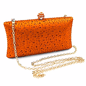 Women Handbags Rhinestone Evening Bags Party Purse Prom Wedding Bride Crystal Party Clutches Bag with Chain (Orange)