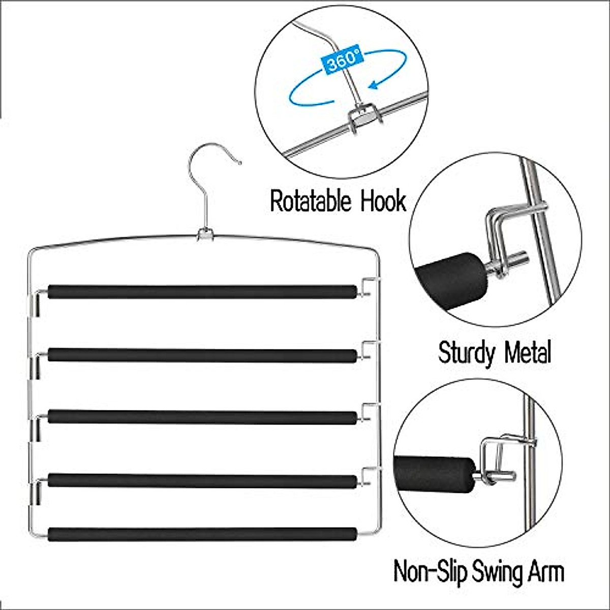 Meetu Pants Hangers 5 Layers Stainless Steel Non-Slip Foam Padded Swing Arm Space Saving Clothes Slack Hangers Closet Storage Organizer for Pants Jeans Trousers Skirts Scarf Ties Towels (2 Pack)