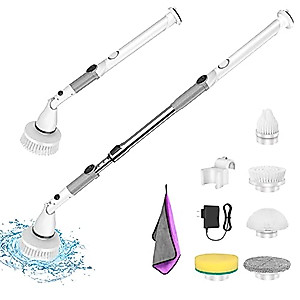 Electric Spin Scrubber, Cordless Electric Cleaning Brush with 5 Replaceable Brush Heads Adjustable Extension Handle, Power Shower Scrubber for Tub, Tile, Floor, Sink and Glass