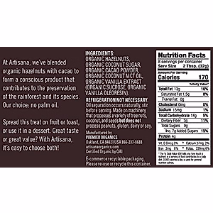Artisana Organics Hazelnut Cacao Spread, 9.5 oz | No Palm Oil, Sweetened with Coconut Sugar