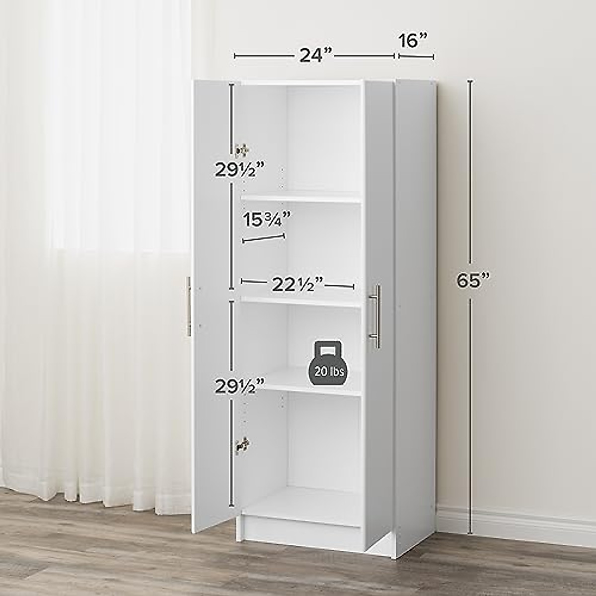 Prepac Elite 24" Storage Cabinet, White Storage Cabinet, Bathroom Cabinet, Pantry Cabinet with 3 Shelves 16" D x 24" W x 65" H, WES-2464