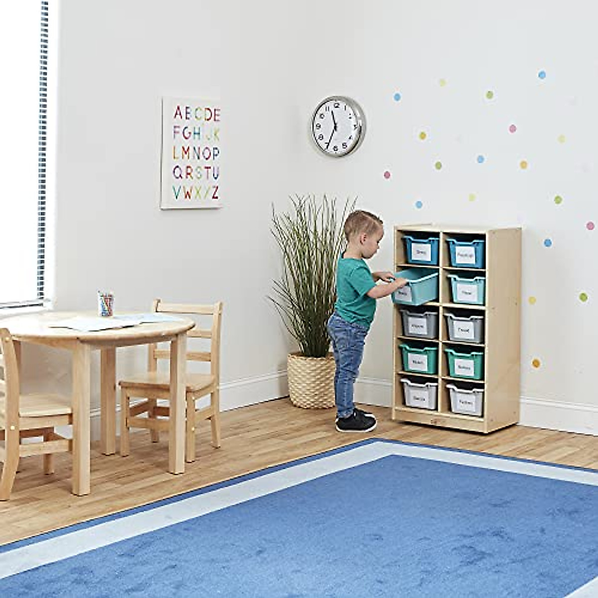 ECR4Kids 10 Cubby Tray Cabinet with Scoop Front Storage Bins, 5x2, Natural, Classroom Furniture, Clear