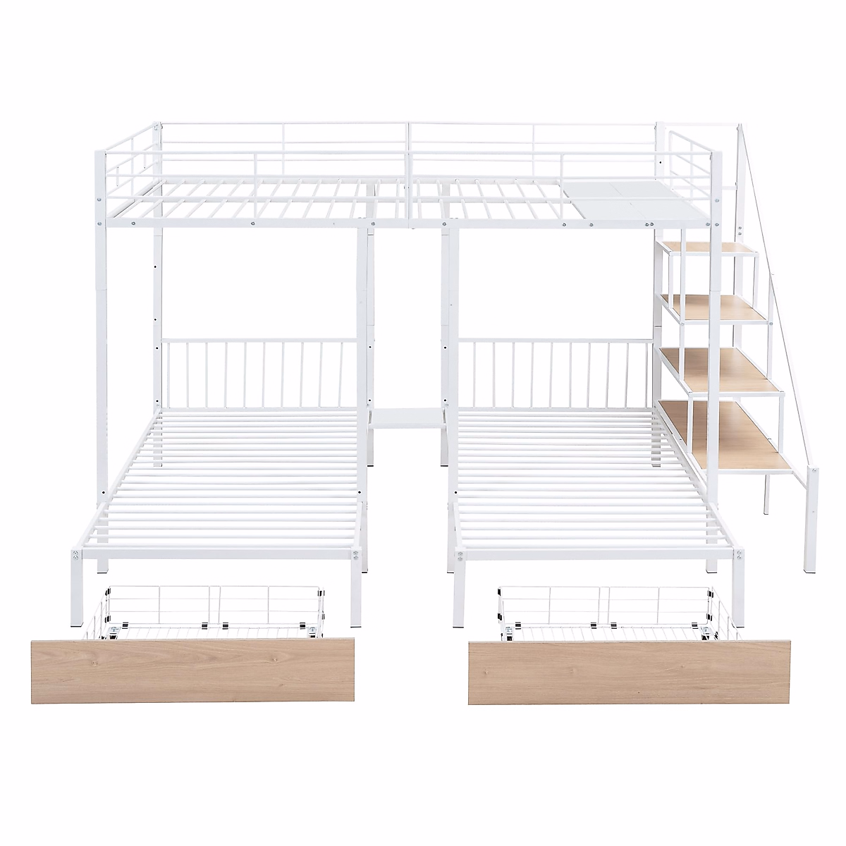 BIADNBZ Full Over Twin & Twin Triple Bunk Bed for 3,L-Shaped Metal Detachable Bunkbed Frame with Storage Stairs and 2 Drawers for Kids Teens Adults Bedroom,Space-Saving,White