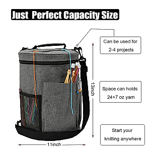 Weabetfu Large Capacity Portable Yarn Organizer Knitting Tote Storage Bag with Shoulder Strap Yarn Bags Have Pocket for Crochet Hooks,Knitting Needles & Accessories,Prevent Yarn Tangle(Grey)