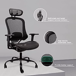 Komene Ergonomic Office Chair High Back Computer Chair Breathable Mesh Desk Chair, Adjustable Headrest and Lumbar Support with 3D Armrest Heavy-Duty Swivel Task Chair, Maximum Load 300lbs