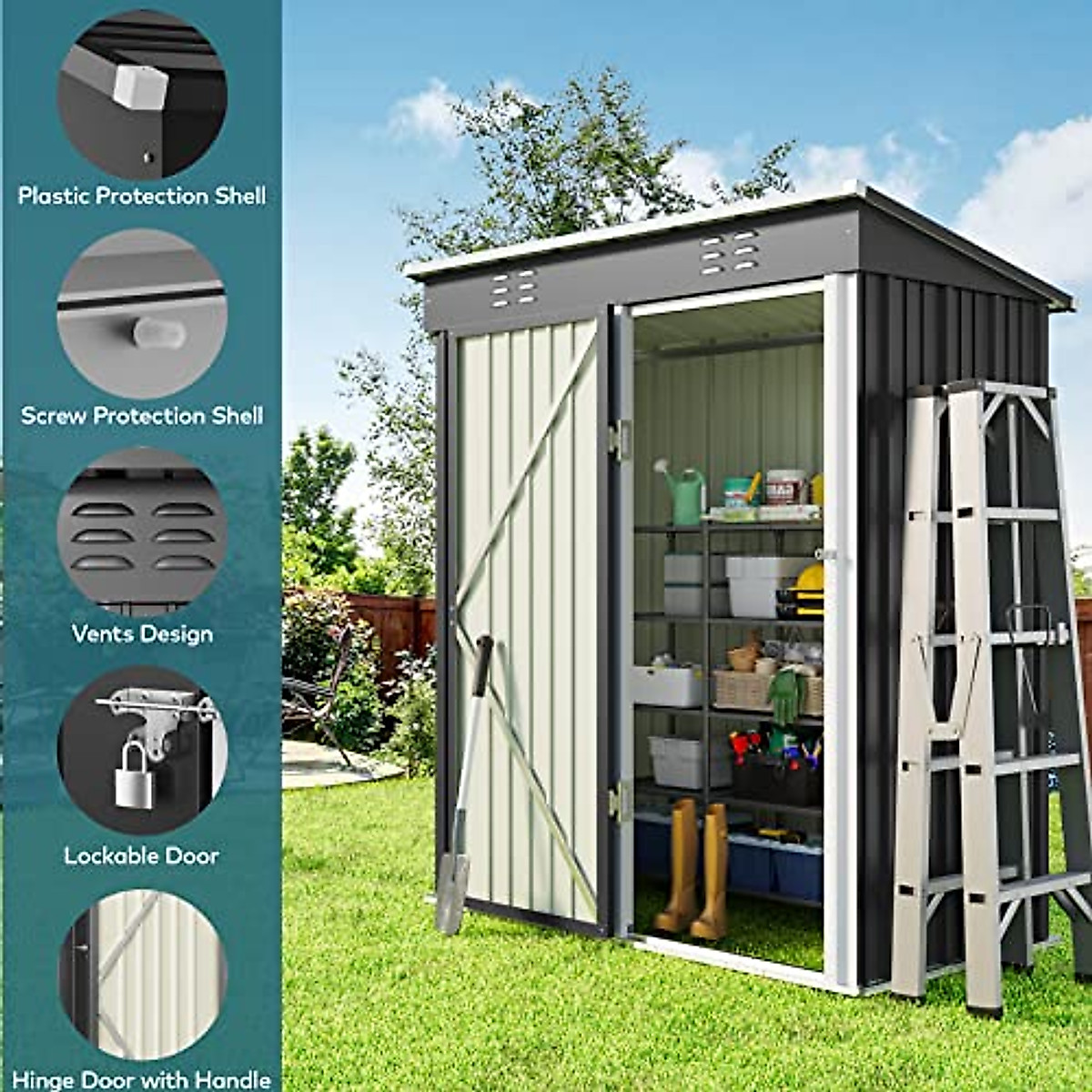 Gizoon 5'x 3'Outdoor Storage Shed with Singe Lockable Door,Galvanized Metal Shed with Air Vent Suitable for The Garden,Tiny House Storage Sheds Outdoor for Backyard Patio Lawn-Dark Gray