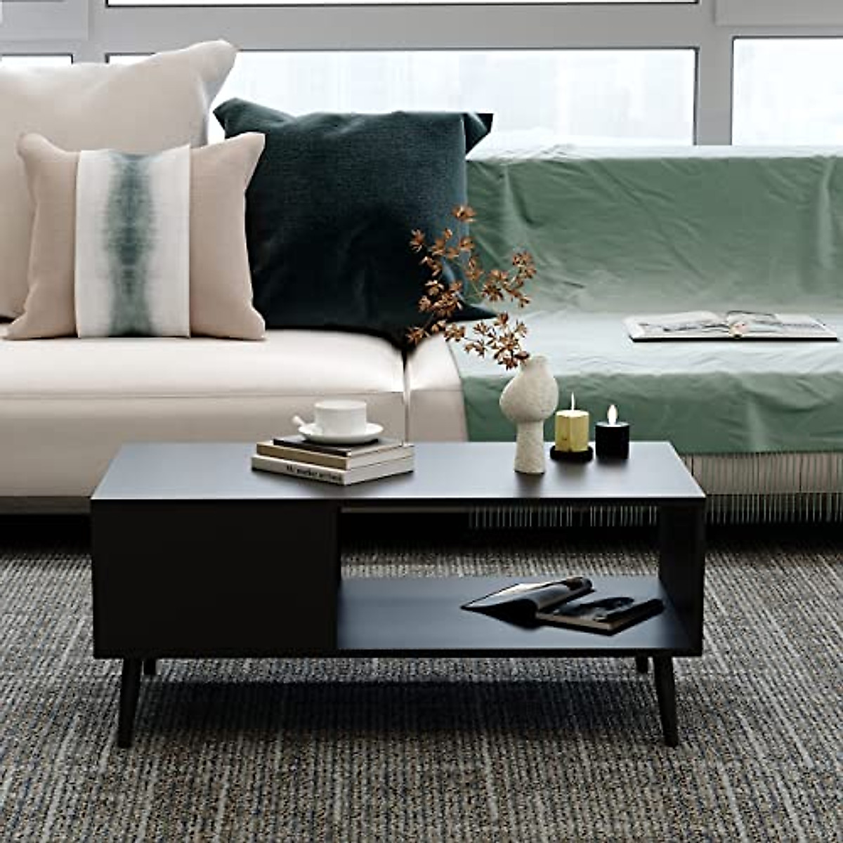 Yusong Modern Wood Coffee Table for Living Room, Retro Mid-Century Center Tables Cocktail Table with Storage Shelf for Reception, Black