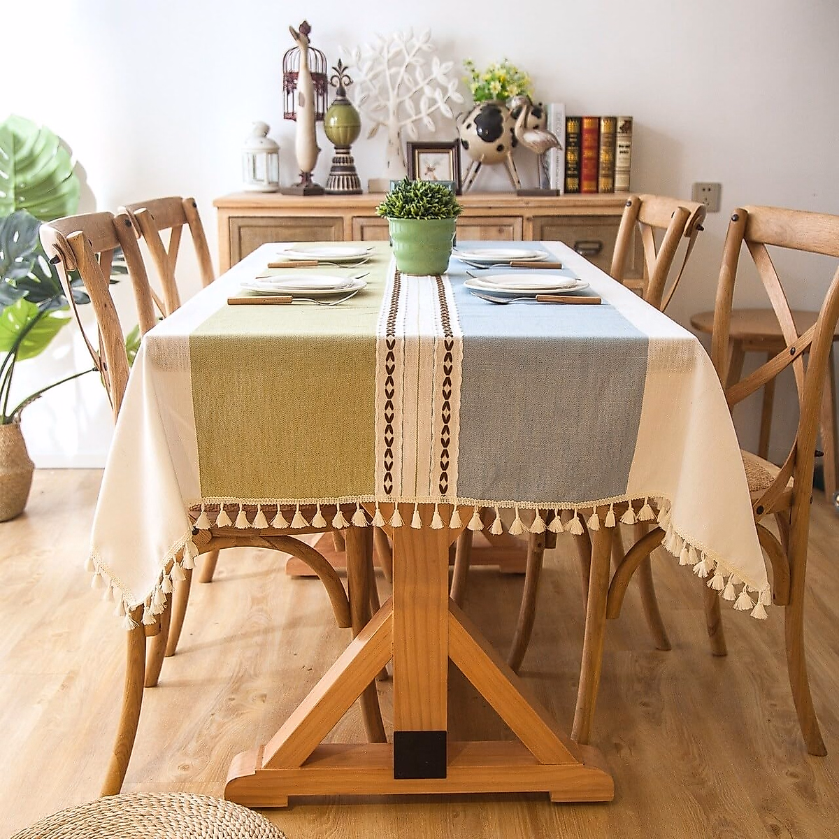 ENOVA HOME Elegant Rectangular Thicken Cotton and Linen Tablecloth with Tassels Dust Proof Table Cover for Kitchen Dinning Tabletop Decoration (Light Grey, 54"x 78")