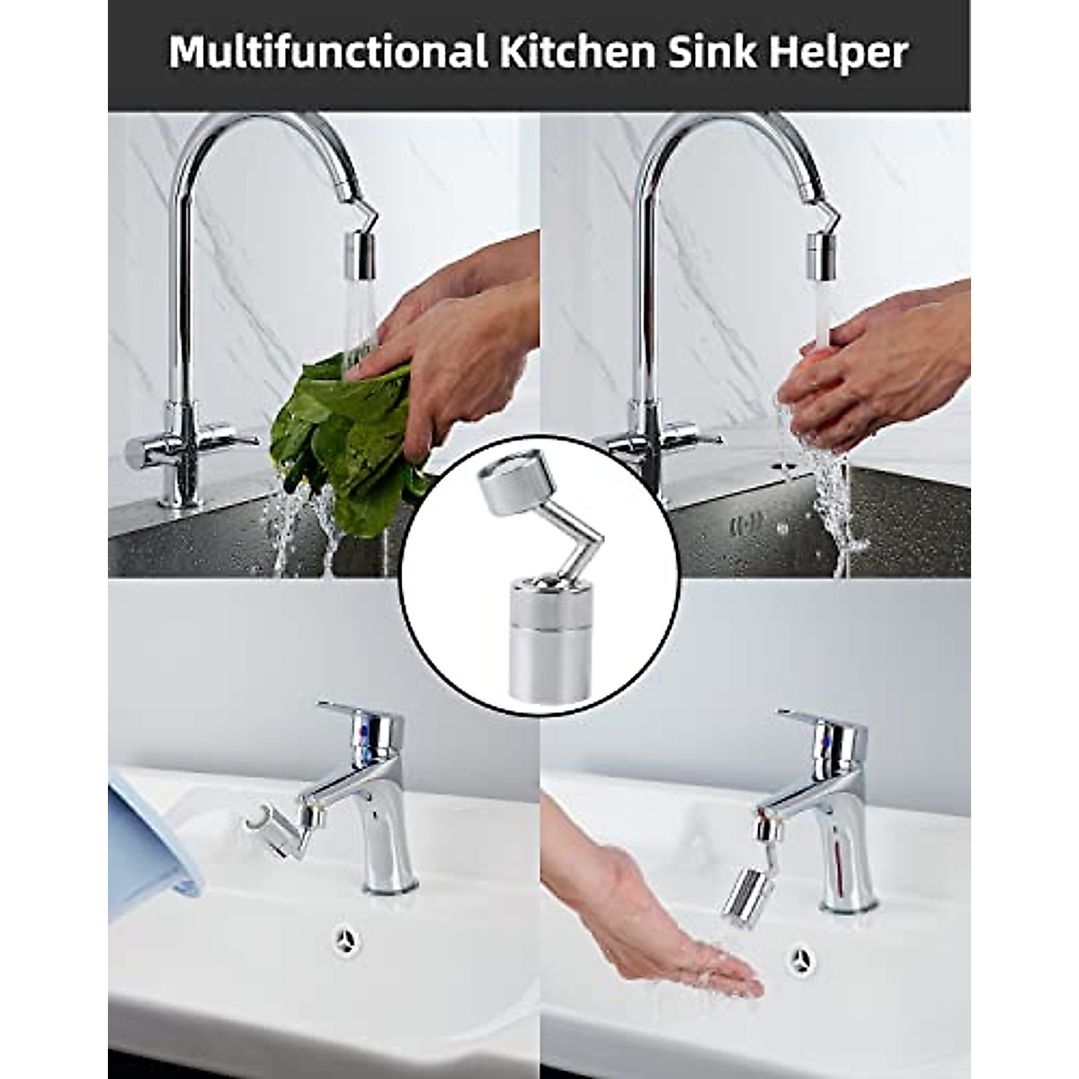 Hibbent Faucet Aerator, 720° Swivel Big Angle Spray Aerator, Solid Brass Dual Function Kitchen Sink Faucet Aerator, Bathroom Faucet Mounted for Face Washing, Gargle and Eye Flush, Chrome