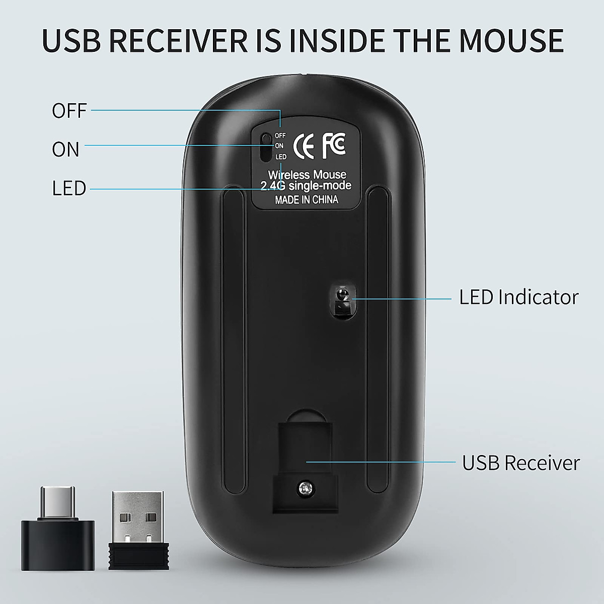 KBCASE LED Wireless Mouse Slim Silent Mouse 2.4G Rechargeable Wireless Computer Mouse Wireless Mouse for Laptop, MacBook, iPad, Chromebook, with USB & Type-c Receiver