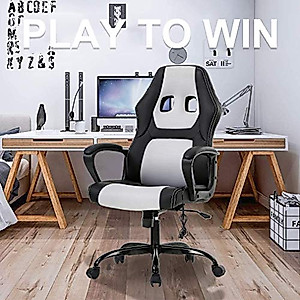 Gaming Chair Office Chair Desk Chair Massage Ergonomic PU Leather Racing Chair with Lumbar Support Headrest Armrest Task Rolling Swivel Computer Chair for Women Adults Girls(White)