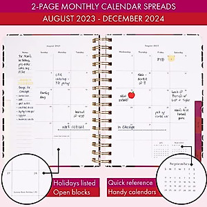 Kate Spade New York Daily Planner 2023-2024, Mega Planner August 2023 - December 2024, Hardcover Spiral Planner, Weekly Planner with Monthly Calendar, Stickers, & Pockets, Black Spade Flower