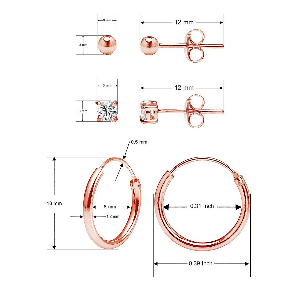 Three Pairs Sterling Silver 10mm Endless Hoops 3mm Round CZ & 3mm Ball Stud Unisex Cartilage Earrings Set Rose Gold Flashed