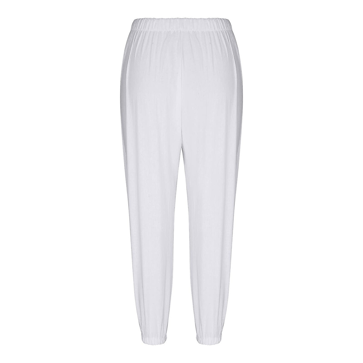SUNYUAN Elastic Tie-up Waist Women's Trouses Comfy Cotton and Linen Ninth Pants with Pockets Summer Casual Button Front Pants White