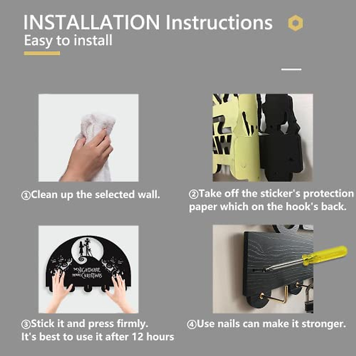 The Nightmare Before Christmas Key Hooks-Wall Hooks Heavy Duty 20LB(Max),Wall Décor,Wood Coat Hooks, Key Holder,Key Hanger for Wall、Entryway and Kitchen