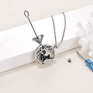 SHEAISRS Celtic Moon Black Cat Urn Necklace for Ashes Moon Cat Cremation Jewelry for Women Sterling Silver Cat Jewelry Moonstone Necklace for Cat Lovers