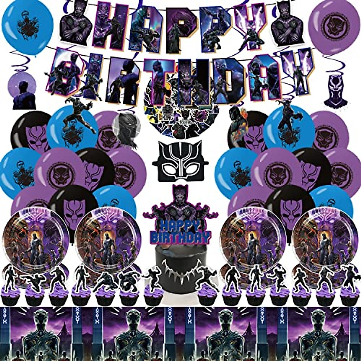 Black Party Supplies for Boys, Movies Theme Party Decorations Include Happy Birthday Banner, Hanging Swirls, Balloons, Cake Toppers, Cupcake Toppers, Sticker, Eye Mask, Tablecloth, Plate, Movies Themed Party Favor for Kids Fans