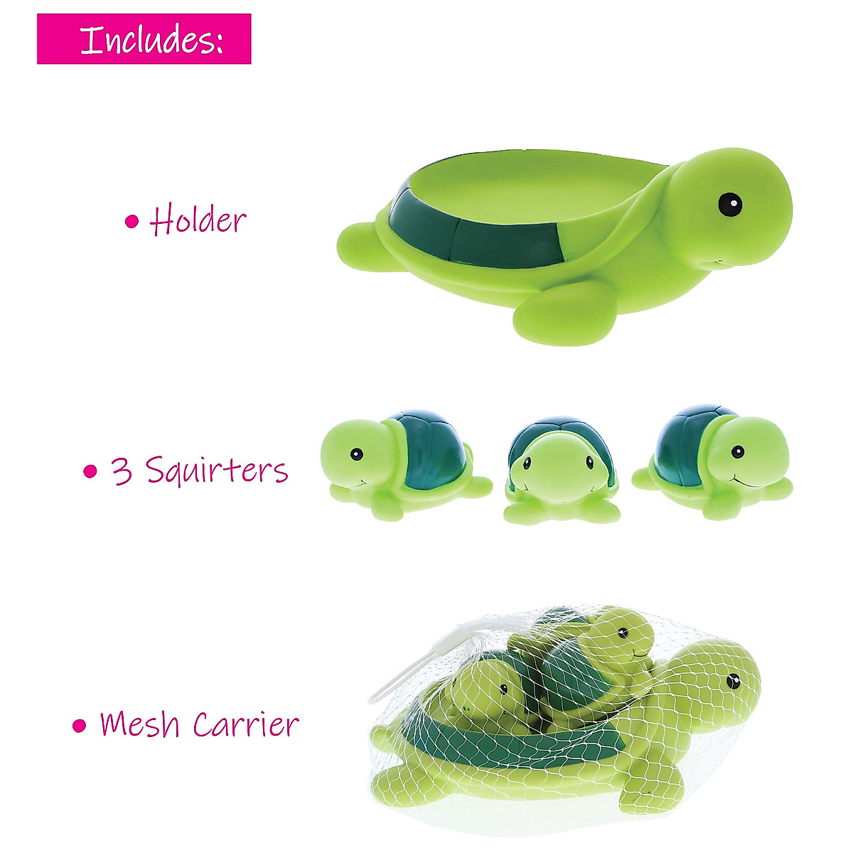 Dollibu Green Sea Turtle Family Animal Bath Squirters 4 Piece Bath Toy Set, Kids Bath Toys for Bathtime & Water Fun, Girls & Boys Floating Cute Animal Rubber Squirt Toys, Pool Toys for Kids