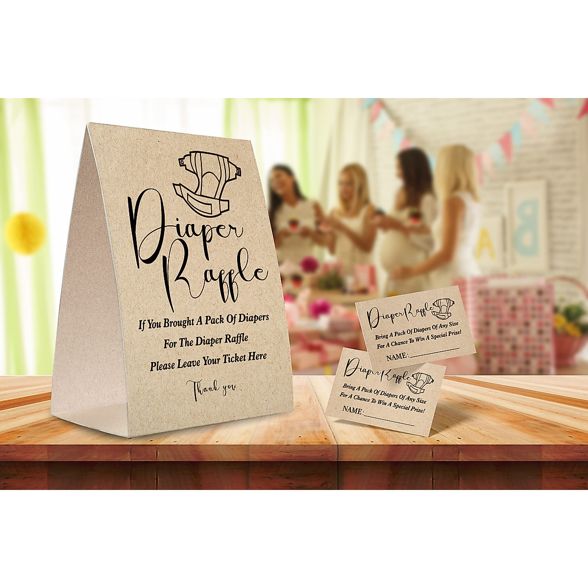 Tesedupoole Kraft Paper Diaper Raffle Sign,Diaper Raffle Baby Shower Game Kit (1 Standing Sign + 50 Guessing Cards),Baby Showers Decorations,Card for Baby Shower Game to Bring a Pack of Diapers-NPZ18