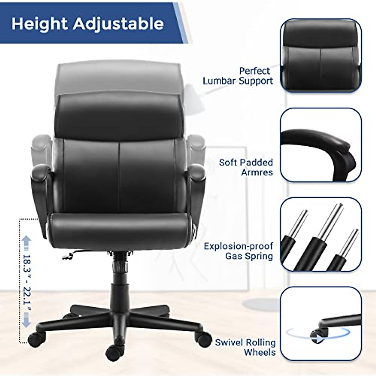 Office Chair Mid Back Desk Chair Adjustable High Ergonomic Computer Chair Soft Armrests PU Leather Chair with Lumbar Support Study Chair
