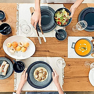 Dinnerware Set,46 Pieces White Blue Vertical Pattern Ceramics Dinner Sets Plates Bowls Combination for Family Party
