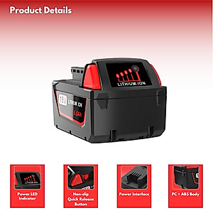 2 Pack 5.0Ah 18V Replacement Lithium ion Battery and Charger for Milwaukee M18 Battery, Compatible with Milwaukee M18 Cordless Power Tools 18V Lithium Battery 48-11-1850 48-11-1840 48-11-1860