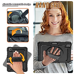 Herize Case Compatible with iPad Pro 12.9 inch 6th/5th/4th Generation with Screen Protector Pencil Holder | Full Body Shockproof Rugged Protective Rubber Case W/Stand Strap | Black