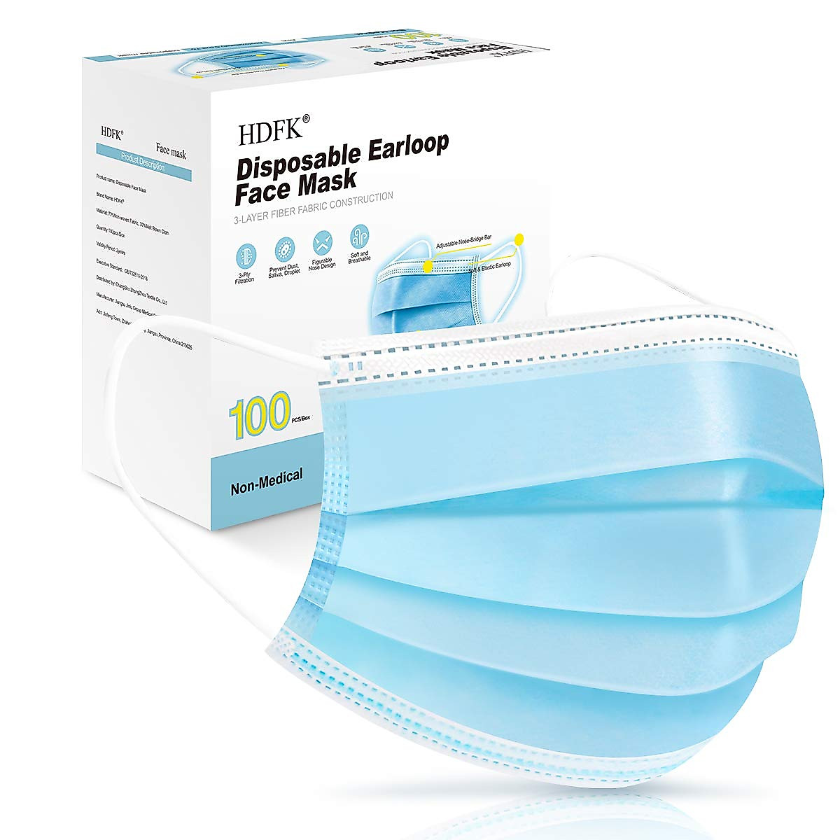 Disposable Face Mask Adult Breathable Mask with Nose Clip Ear Loop 100 Pack Blue