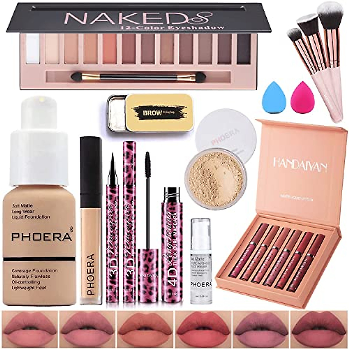 All In One Makeup Kit,12 Colors Eyeshadow Palette,PHOERA Foundation,6 Colors Lipstick Set,PHOERA Primer Powder Concealer Contour,Eyebrow Soap,Waterproof Eyeliner and Mascara, Makeup Brush Set