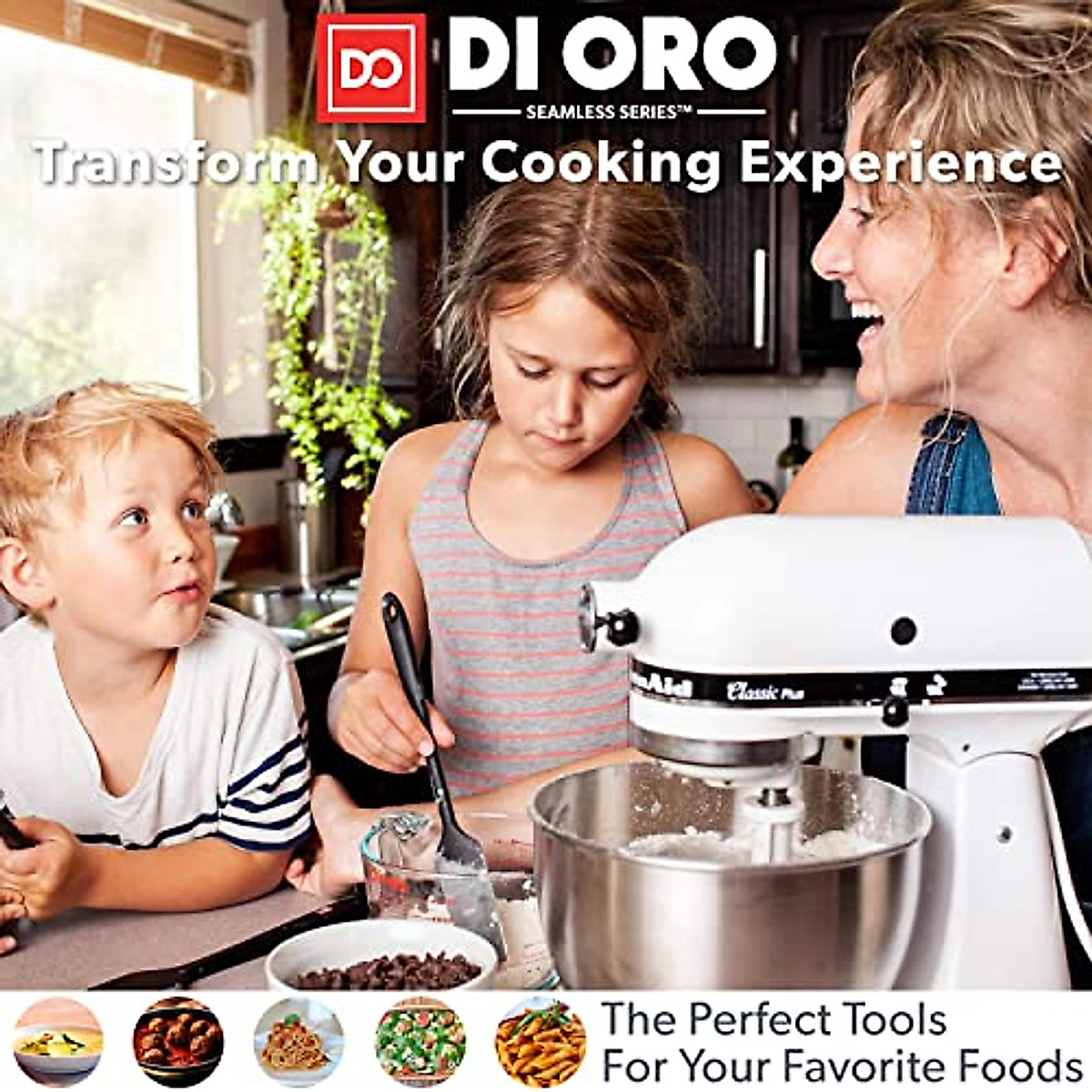 DI ORO Silicone Spoons for Cooking - Large Kitchen Spoons for Mixing, Serving, & Stirring - 600°F Heat-Resistant Non Stick Utensils – Big Solid & Slotted Basting Spoons - Dishwasher Safe (2pc, Black)