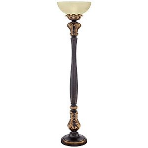 Barnes and Ivy Rita Traditional Victorian Torchiere Floor Lamp 75" Tall Carved Wood Amber Glass Shade Foot Dimmer Standing Light for Living Room Reading House Bedroom Home Office