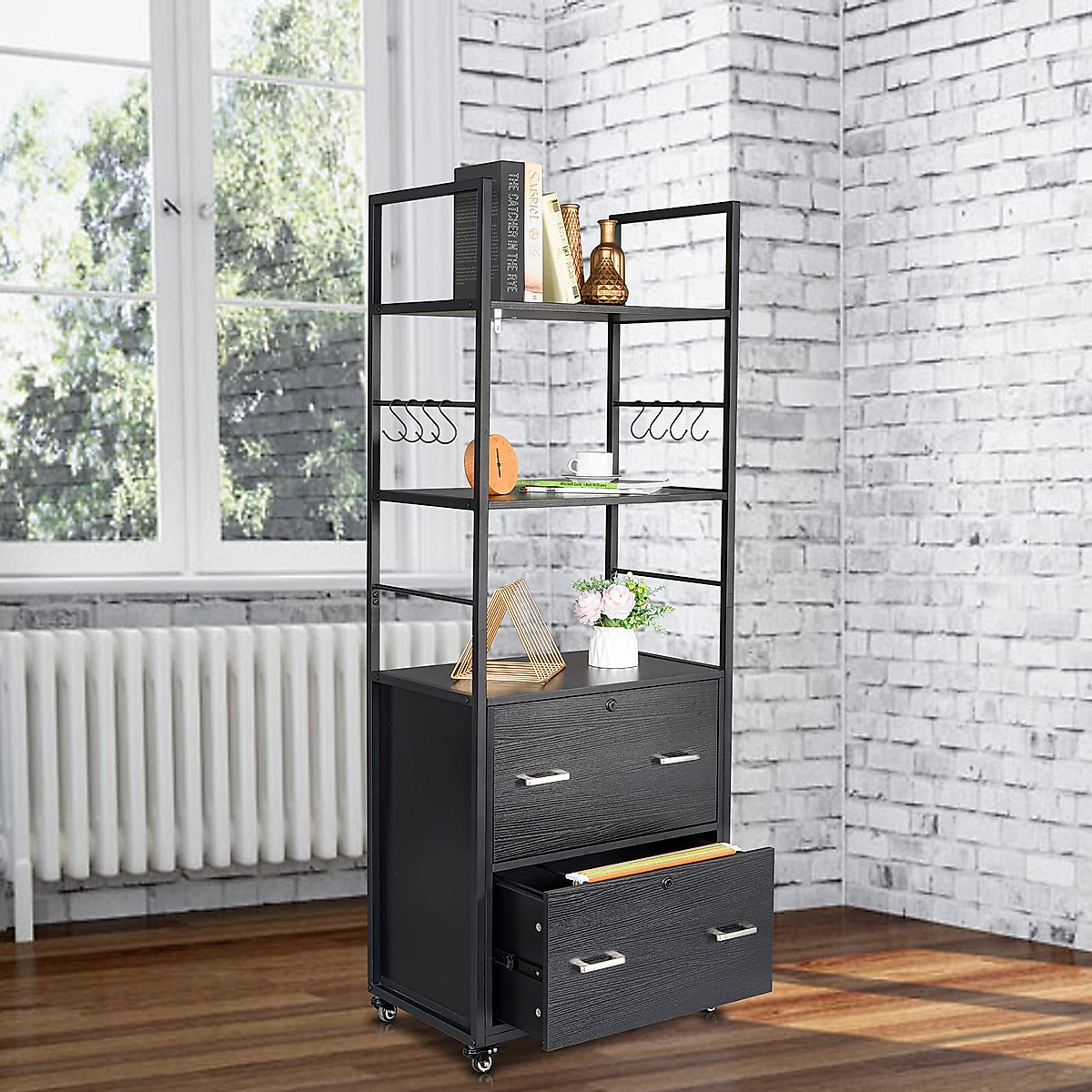 VINGLI 65.7" H 2 Drawer File Cabinet with Lock, Freestanding/Rolling File Cabinets for Home Office, Wood Black File Cabinet with Shelves Compatible with Both Letter and Legal Size Folders