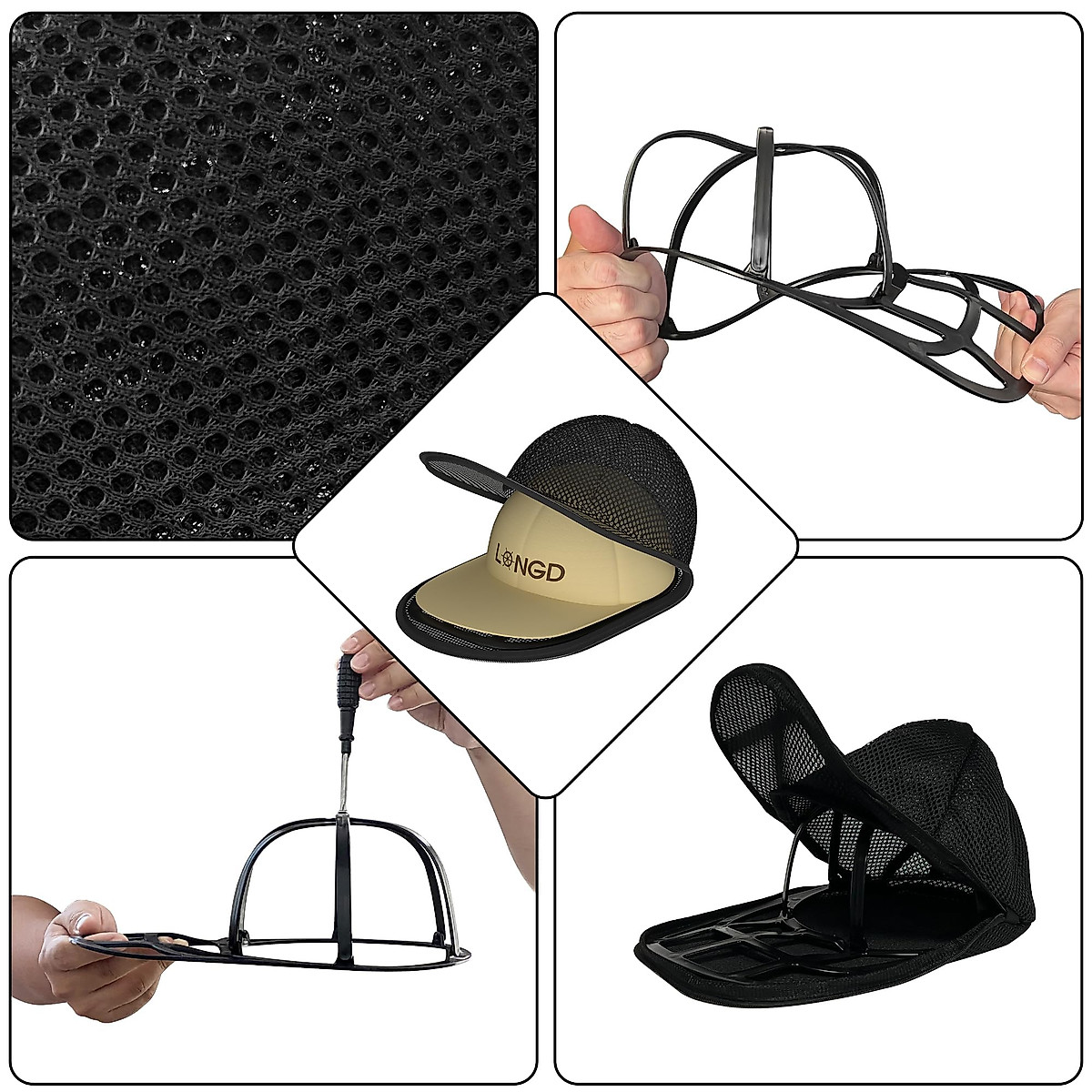 LONGD Hat Washer for Baseball Caps, Sturdy Cleaning Protector with Frame Cage and Laundry Bag, Washing Machine Safe Hat Cleaner and Organizer, Suitable for Adult and Kids' Caps - 1-Pack,Black