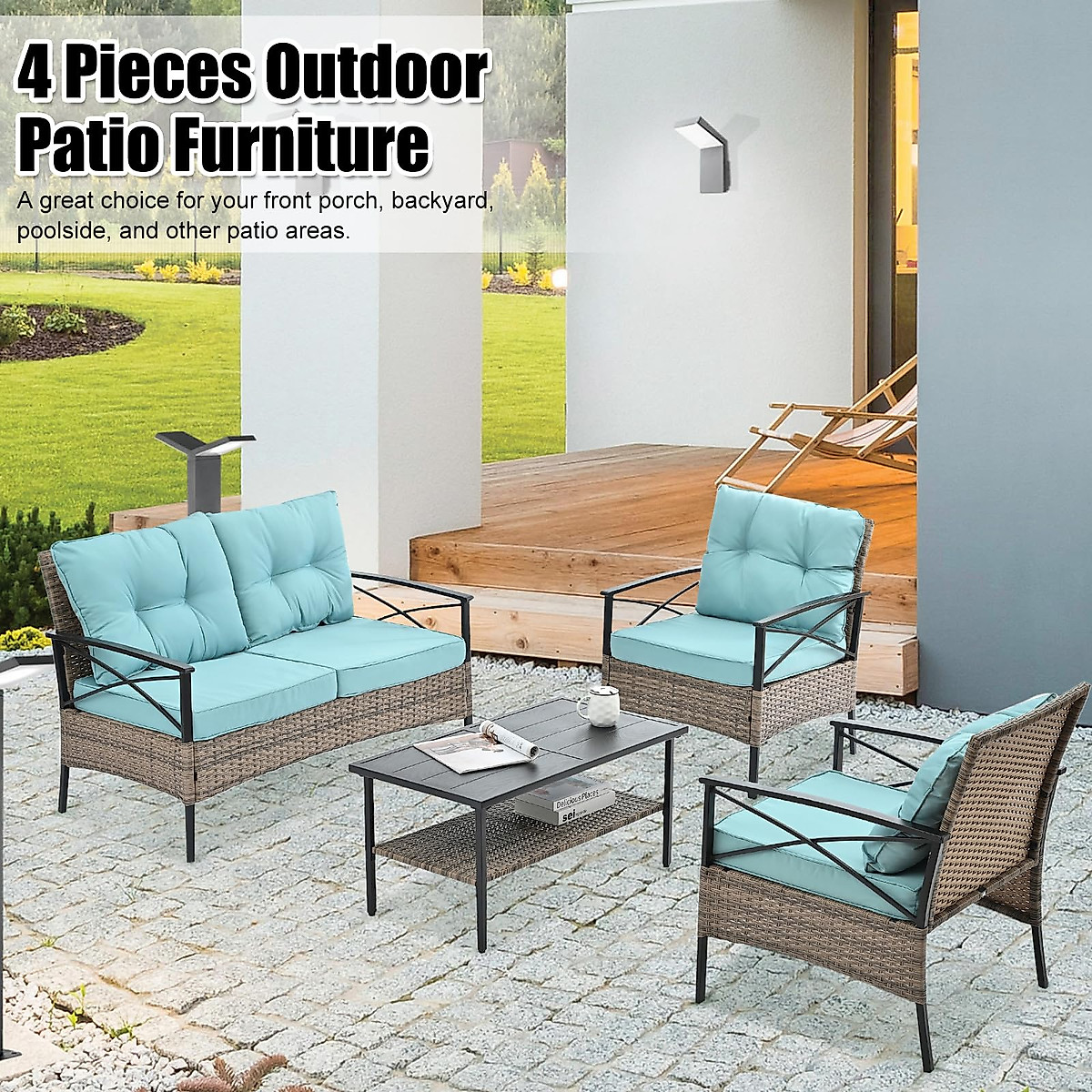 YIORTWO 4 Piece Patio Furniture Set Outdoor Conversation Furniture Sets, Wicker Patio Sectional Furniture with Waterproof Cushions and Coffee Table for Garden Poolside Balcony Porch, Blue