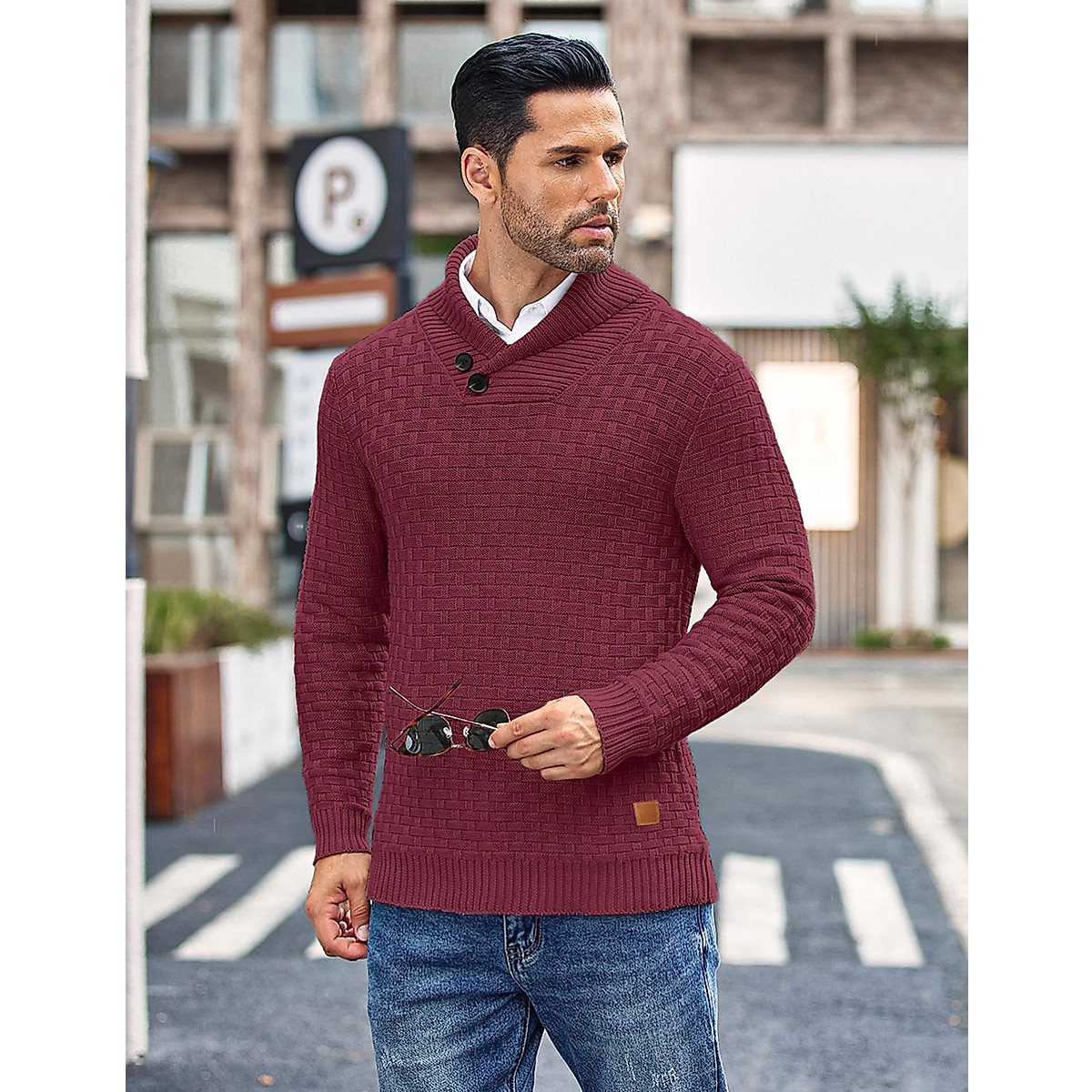 COOFANDY Men's Shawl Collar Sweaters V-Neck Relaxed Fit Basket Knitted Pullovers Wine Red