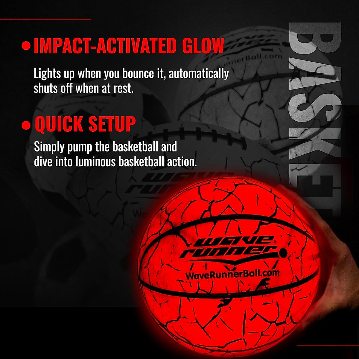 Wave Runner Glow in The Dark Basketball -Official Size 7 Light Up Toys for Night Ball Games, Regulation Size, Tap Activated - Ideal Glow Basketball Gifts and Toy Basketball (Orange w/Cracks)