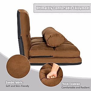 KOMFOTT Adjustable Floor Sofa Bed, Foldable Lazy Sofa Sleeper Bed with 6 Position Backrest & 2 Pillows, Convertible Futon Couch Bed with Suede Cloth Cover, Lounge Recliner for Living Room (Coffee)