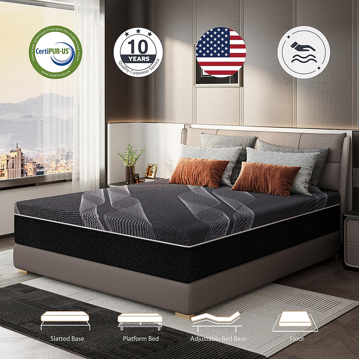 Dyonery California King Mattress 12 Inch Charcoal Memory Foam Mattress in a Box, CertiPUR-US Certified Fiberglass Free, Cooling Gel Double Mattress, Made in USA, 84" × 72" × 12", Medium