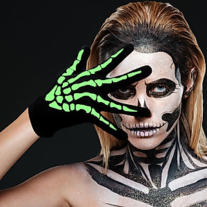 JOVITEC 4 Pairs Skeleton Gloves Halloween Costume Skull Gloves Gothic Bone Gloves for Costume Cosplay Accessories (Glow)