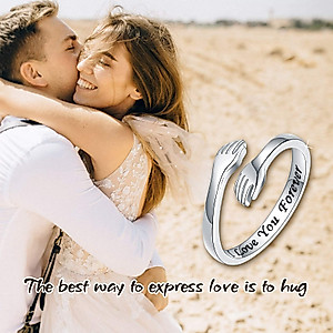 Hug Ring Sterling Silver Adjustable - White Gold/18K Gold/Rose Gold Plated Couple Hug Ring Hugging Rings for Women Mens Wedding Band Rings Wrap Around Hand Jewelry for Teen Girls Sizes 5-9