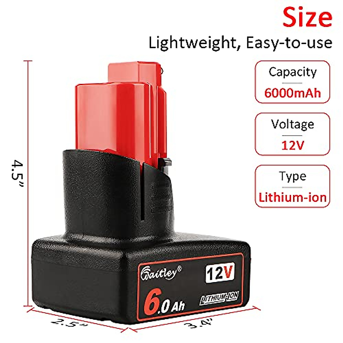 waitley 12V 6Ah Replacement Battery Compatible with Milwaukee M12 6.0Ah Lithium-ion Battery 48-11-2411 48-11-2440 48-11-2402 Tools